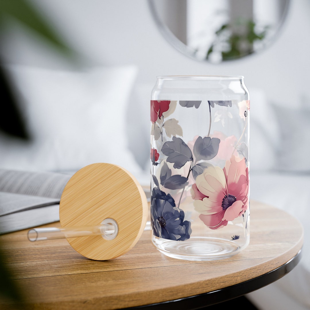 Wrap Around Floral Retro Style Glass Coffee Tumbler Flower Sipper Glass ...