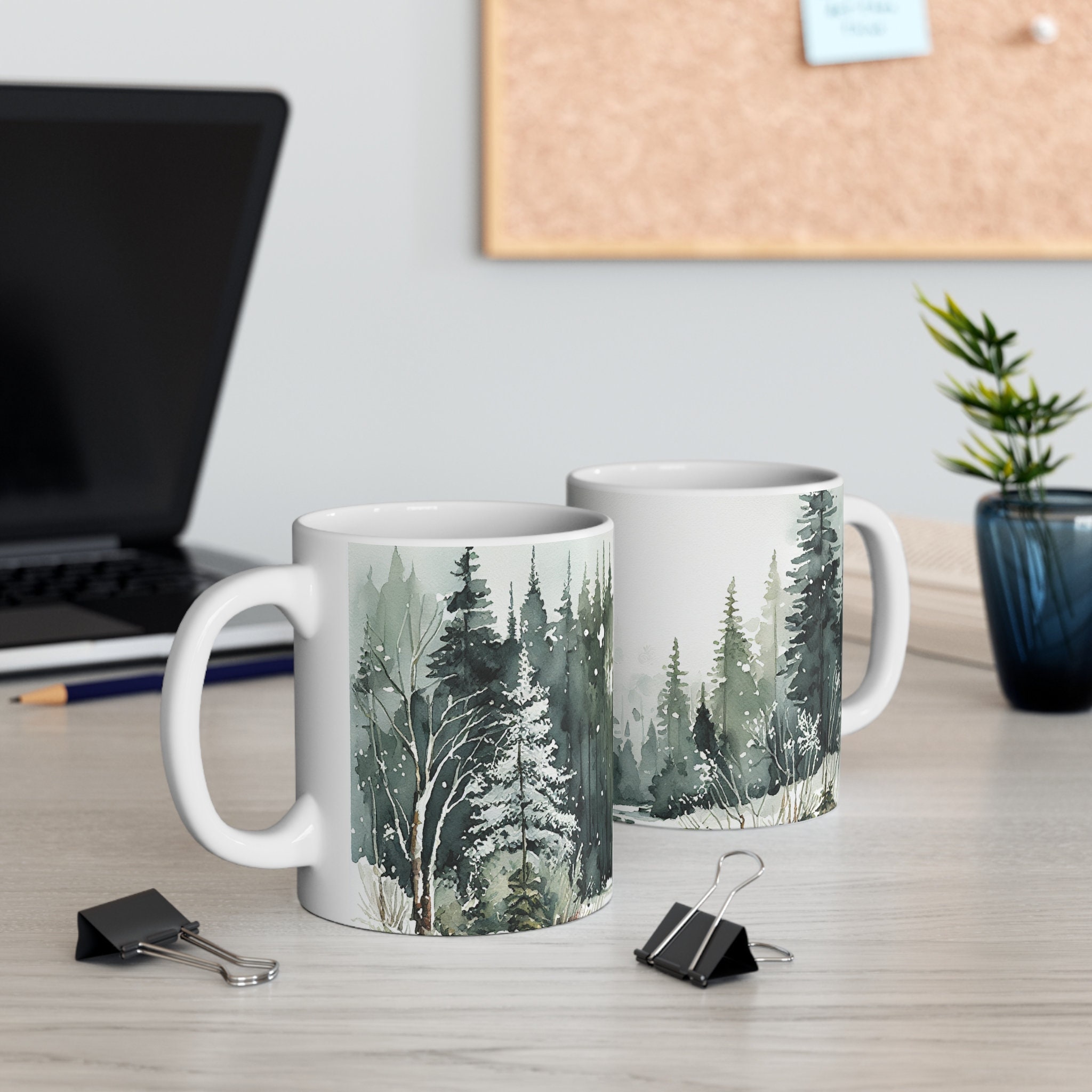 Winter Pine Tree Mug, Watercolor Forest Nature Inspired Gift, Outdoor ...