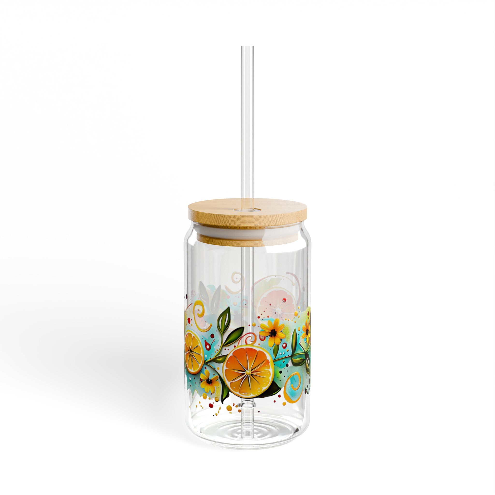 Artistic Citrus and Berries Spring Summery, Sipper Glass With Bamboo ...