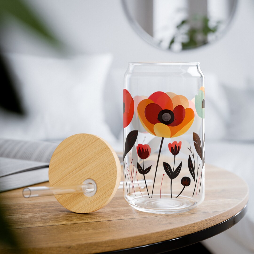 Modern Art Flowers, Sipper Glass With Bamboo Lid and Straw, Artistic ...