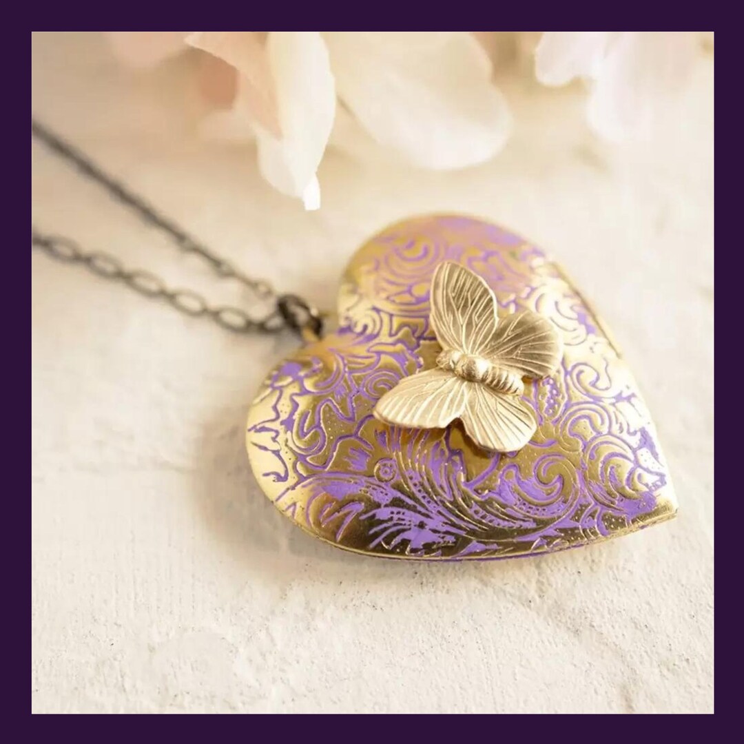 Personalized Purple Heart Locket Necklace With Butterfly - Etsy