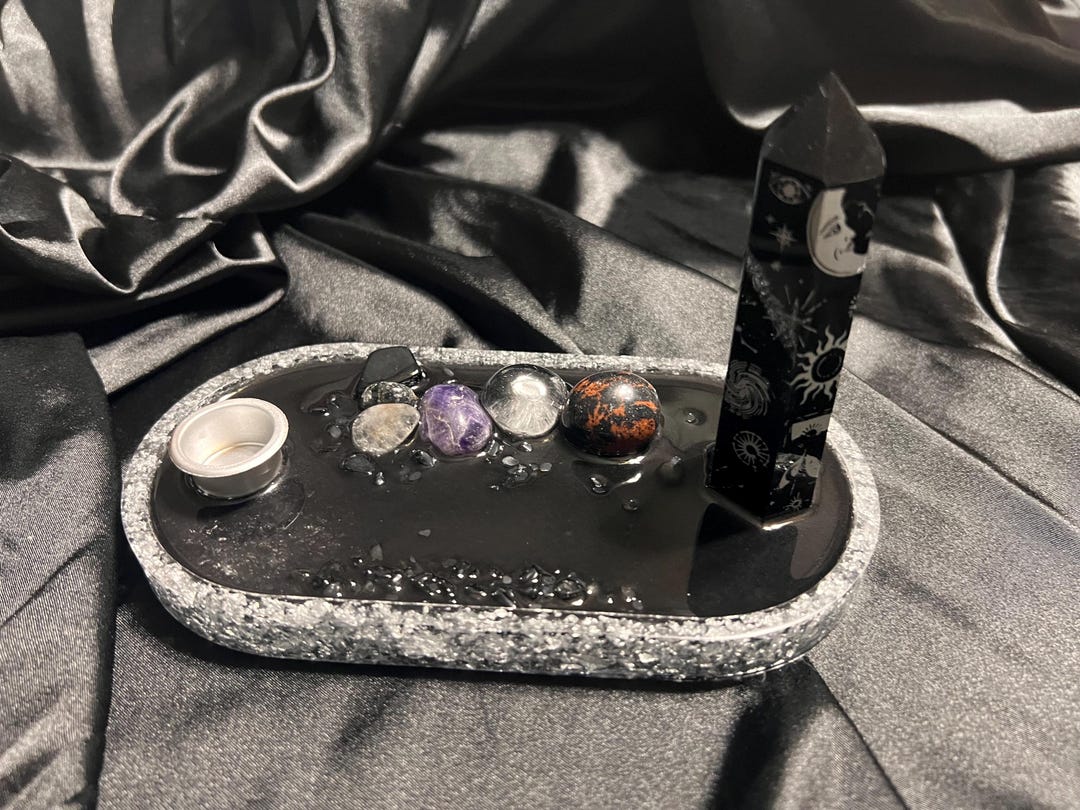 Mystic Resin Spell/ritual Tray! Resin Tray W/ Etched Obsidian Tower and ...