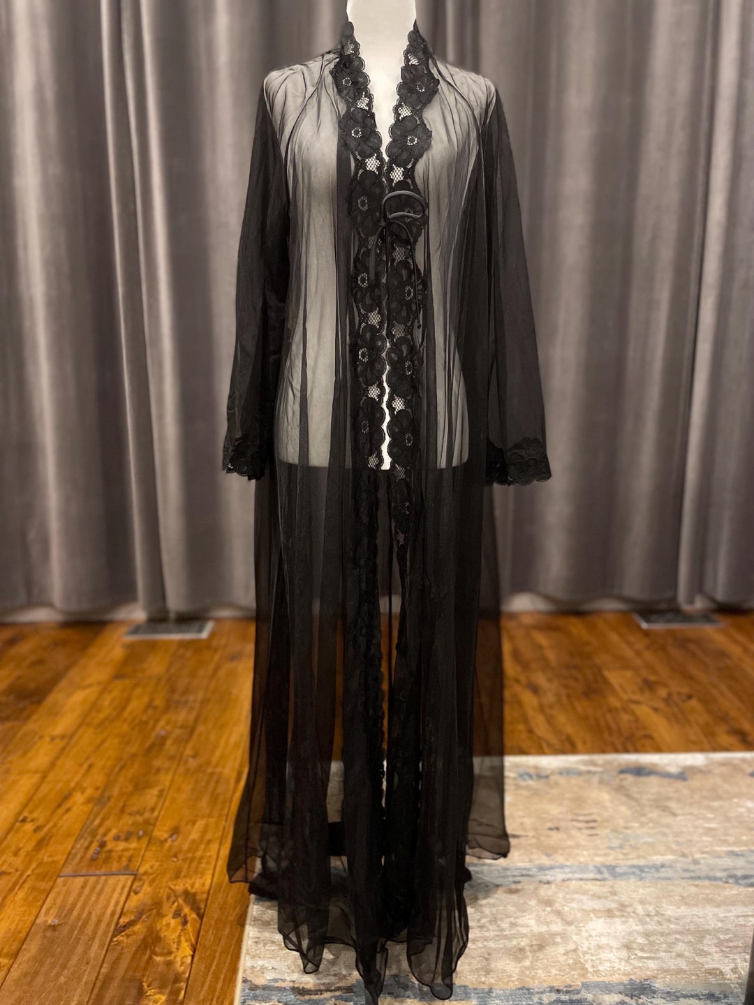 Vintage Perri-ann Chiffon Sheer Black Robe Peignoir Boudoir Goth ...