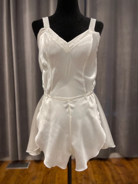 Rare Vintage ivory satin teddy romper bodysuit linger… - Gem