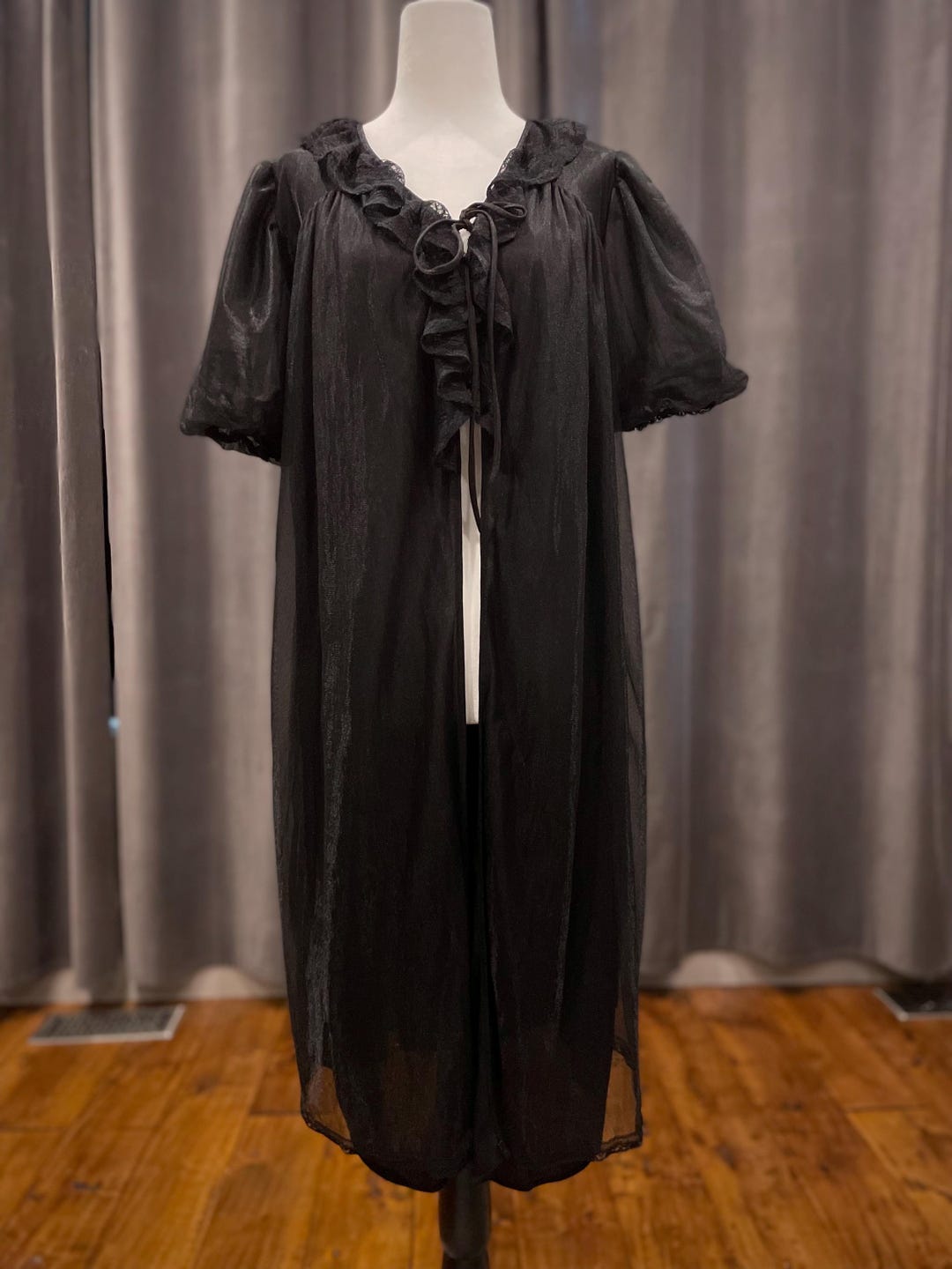 Vintage Sheer Black Nightie Coverup Peignoir / Front Tie Open Front ...