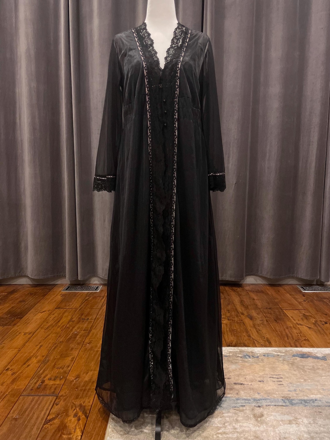 Vintage Black Sheer Chiffon Peignoir Set / Black Nightgown and Robe Set ...