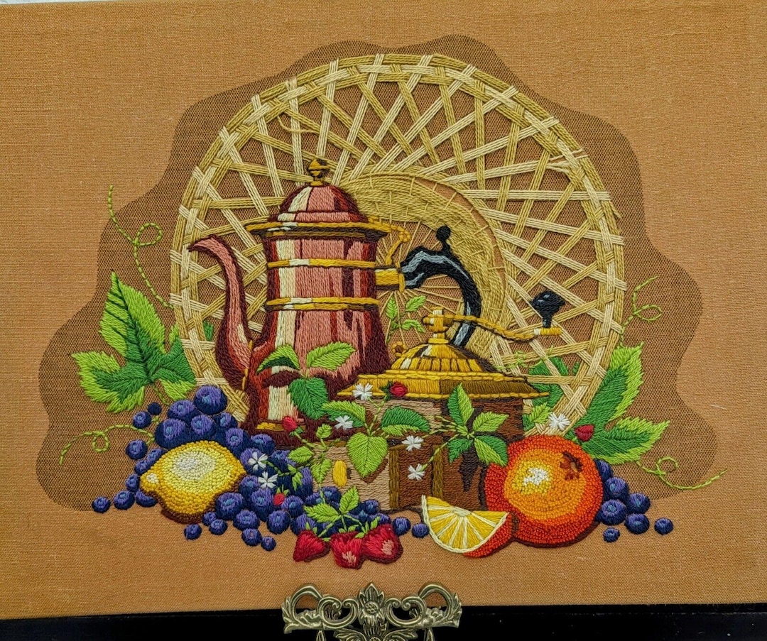 Vintage American Folk Art Wall Hanging Needlepoint Work Floral MCM 70's ...