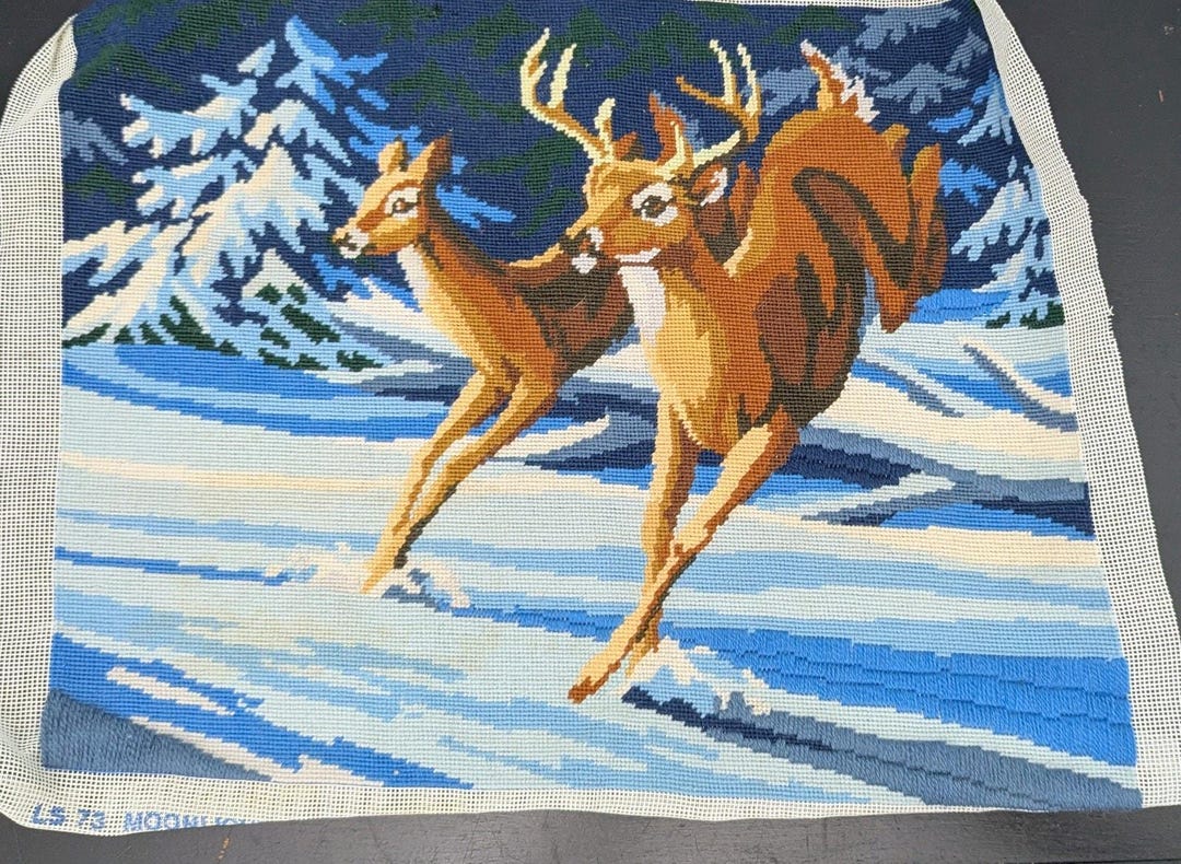 Unframed Needlepoint Winter Scene Running Deer River Cottagecore Blue ...