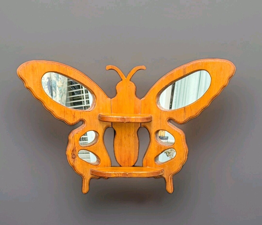 Handmade Wood Butterfly Wall Shelf Hanging 2 Shelves Display Mirrors ...