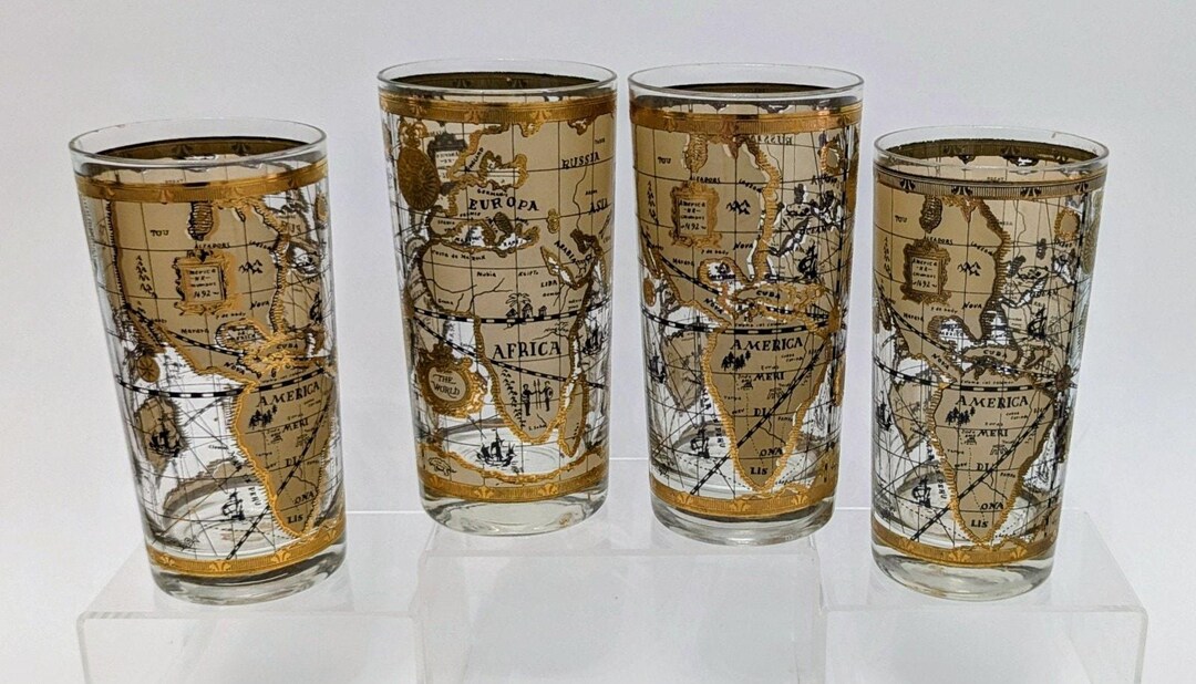 4 MCM Culver Cera 22K Gold World Atlas Maps Double Old Fashioned ...