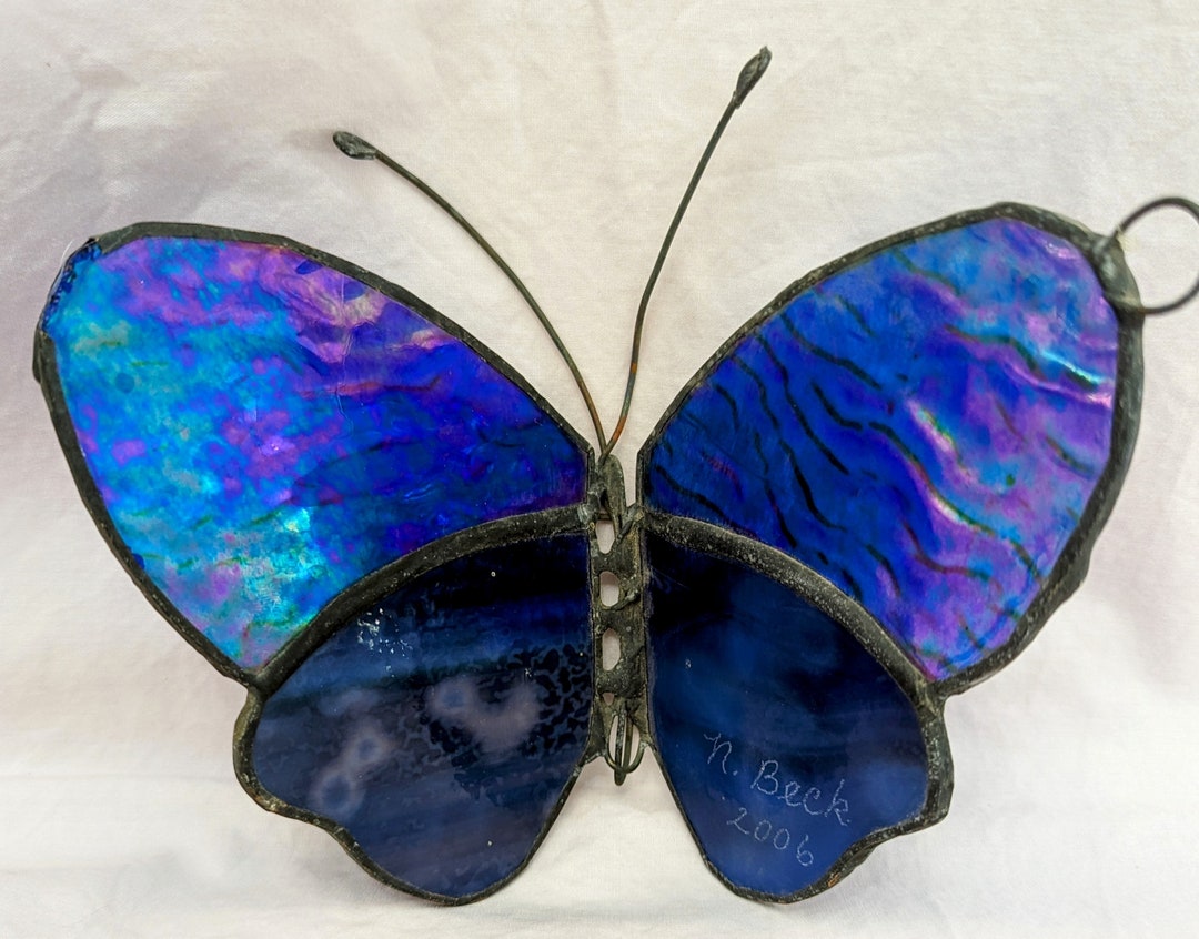 Butterfly Stained Glass Sun Catcher Blue Iridescent Signed Art - Etsy