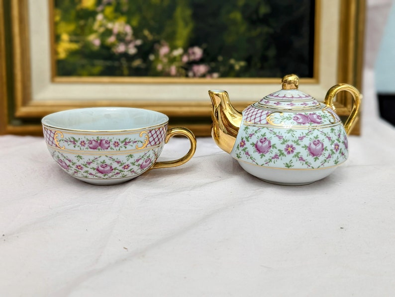 Sorelle Fine Porcelain Tea for One White Pink Roses Trellis Gold Trim ...