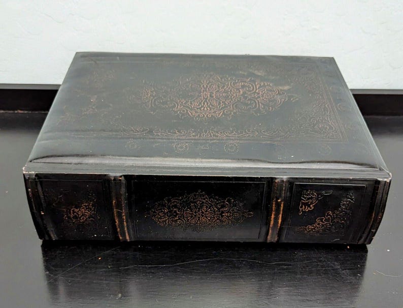 Vintage Embossed Leather Book Box Hidden Stash Box Library Brown Gold ...