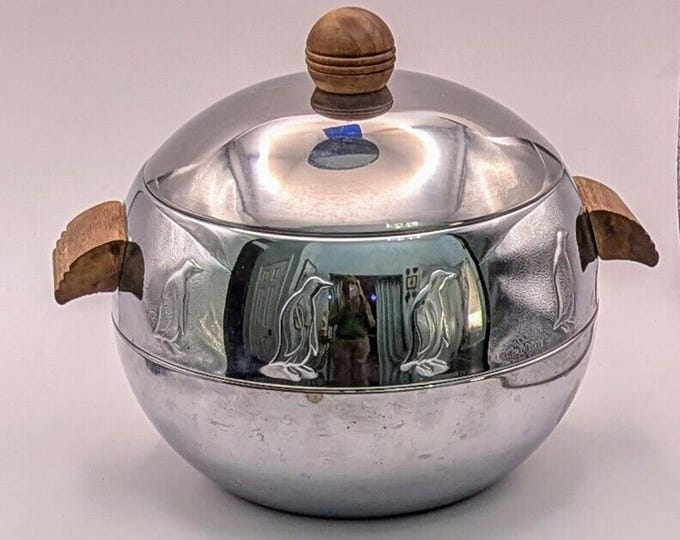 Vintage West Bend Penguin Bucket Hot & Cold Server Silver Wood MCM Mid ...