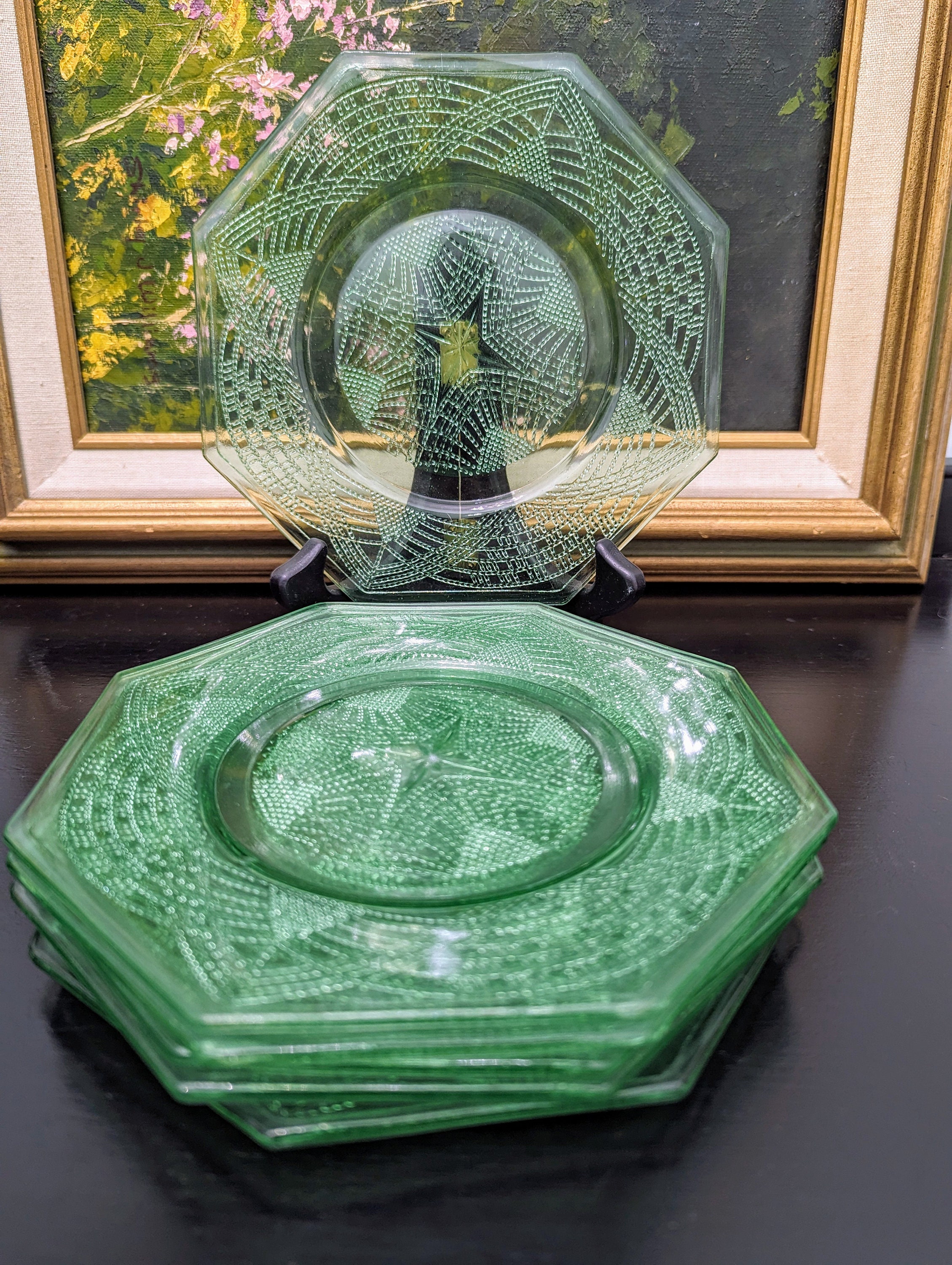 Set 6 VTG L.E. Smith Depression Glass Romanesque Uranium Glass Octagon ...