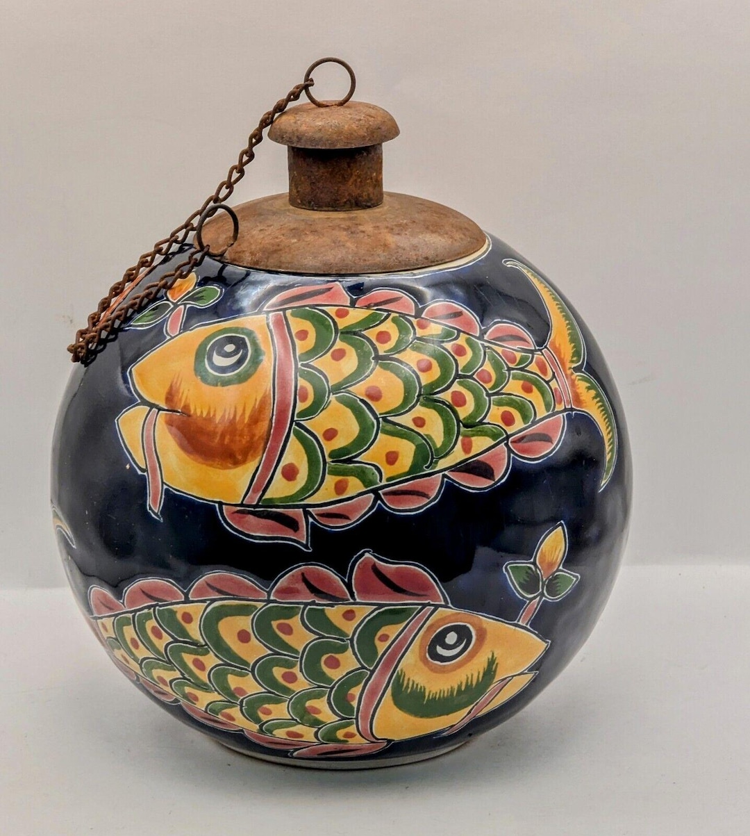 Hand Painted Mexican Table Top Torch Navy Fish Flowers Talavera 9" - Etsy