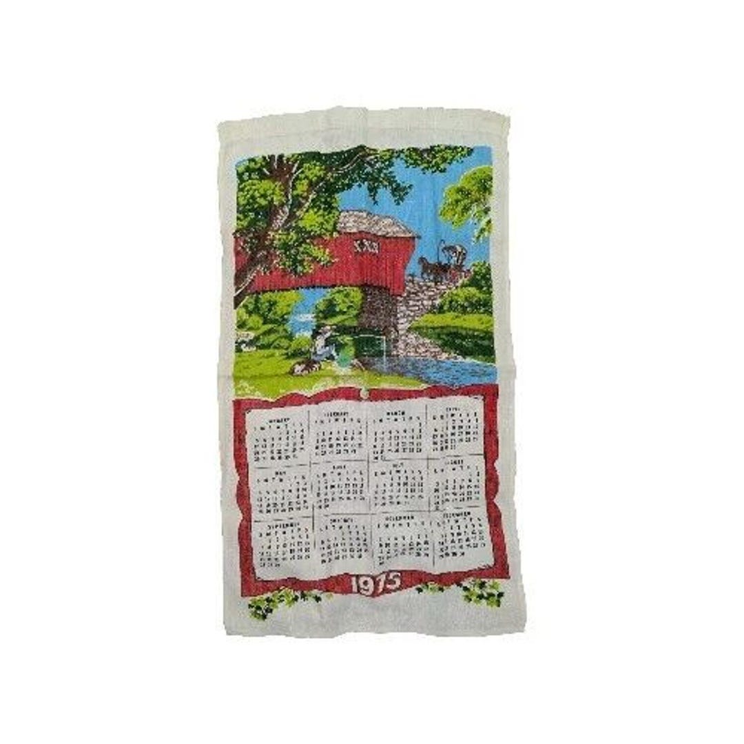 Kay Dee Handprints 100% Linen Covered Bridge 1975 Calender Kitchen Tea ...