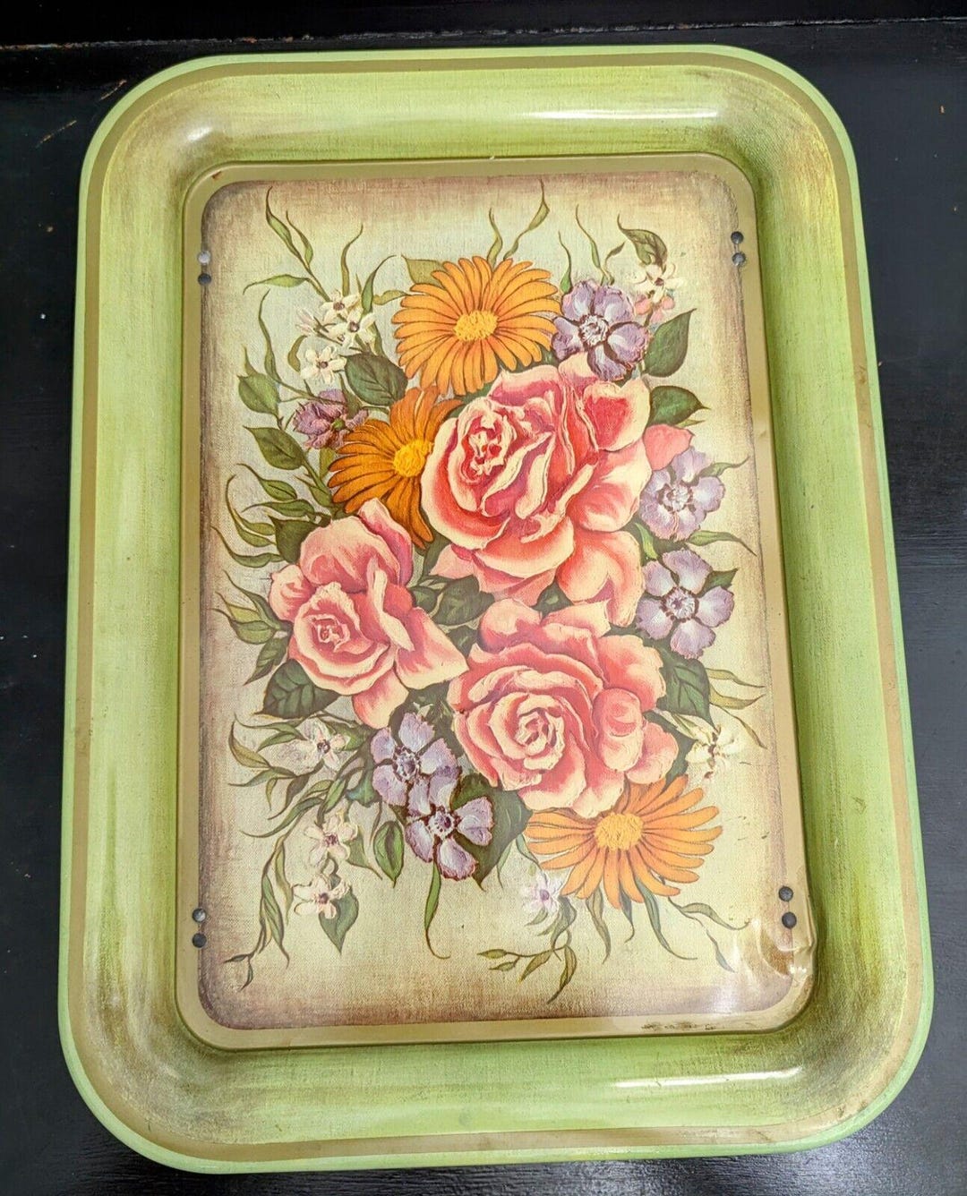 Vintage Mid Century Serving Tray Tin Metal Green Roses Floral Tea TV ...