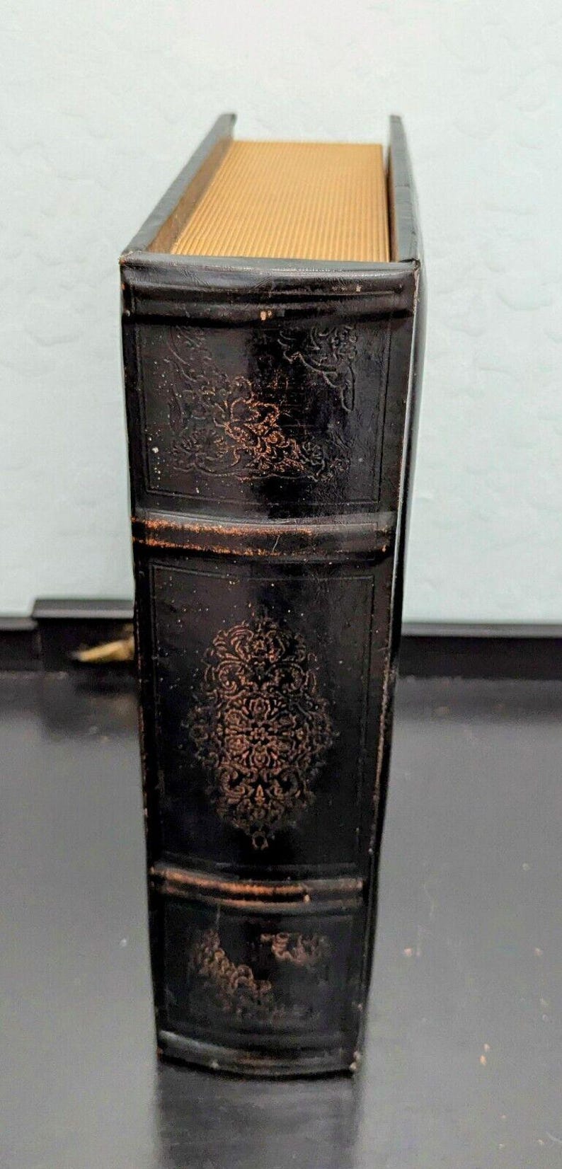 Vintage Embossed Leather Book Box Hidden Stash Box Library Brown Gold ...