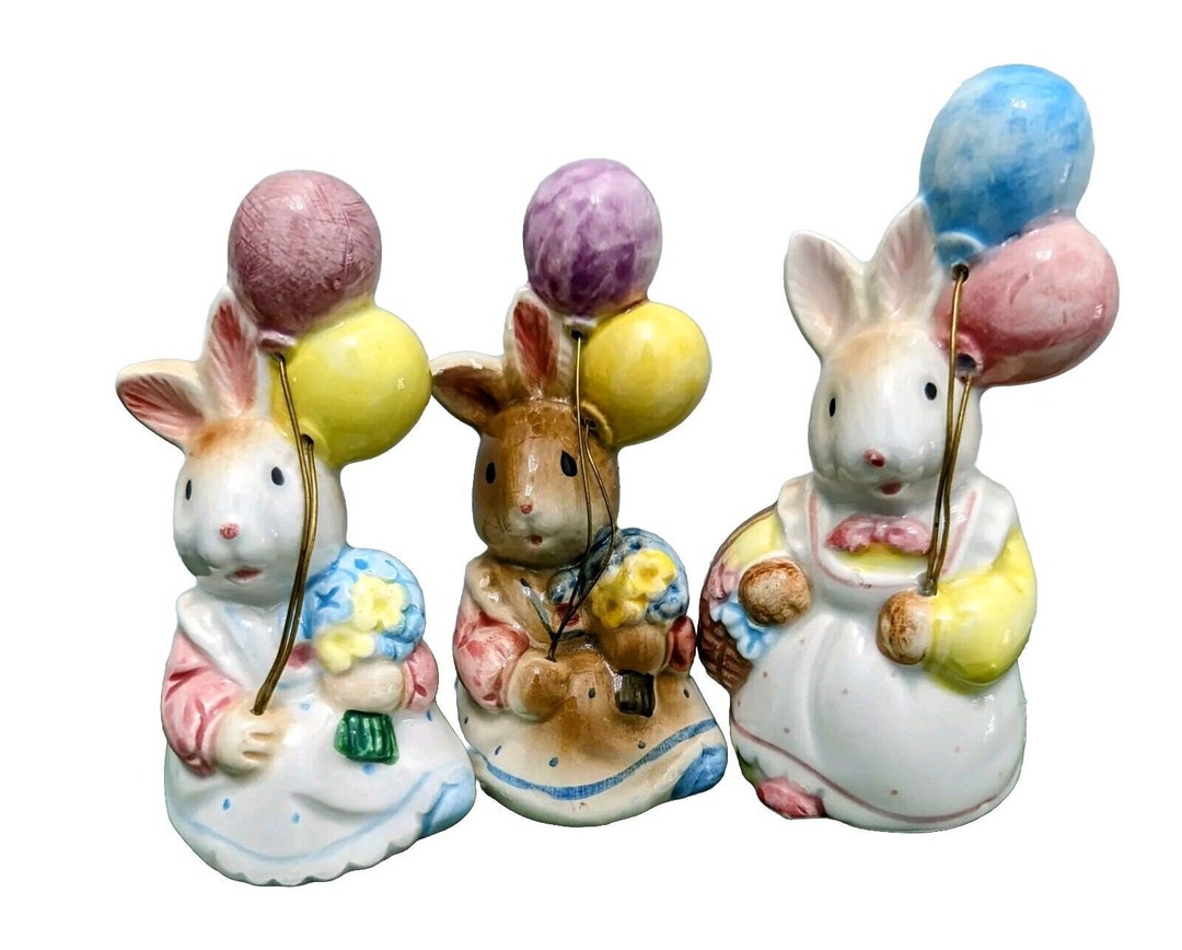 Lefton Rabbit Bunny Bunnies With Balloons Figurines Birthday Set of 3 ...
