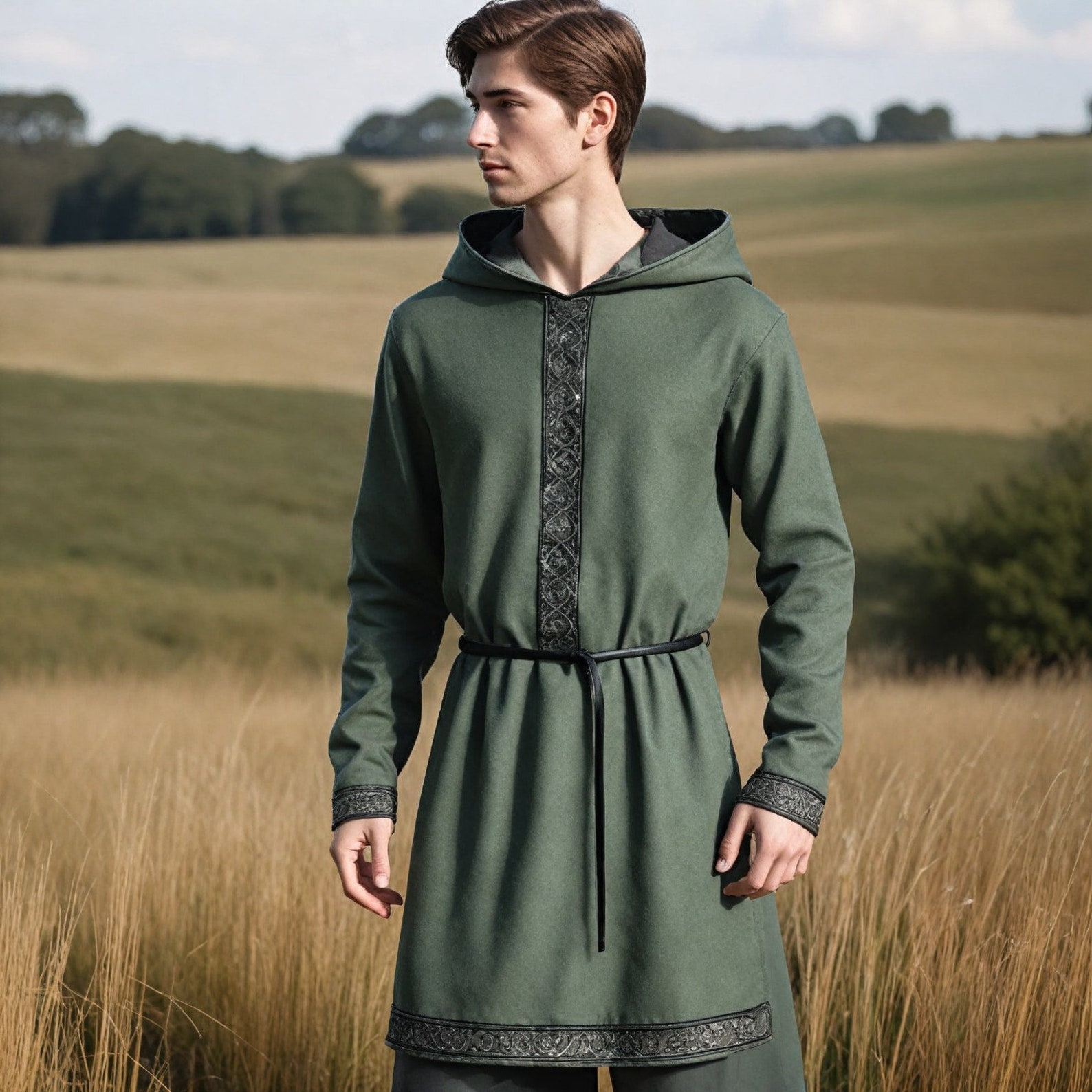 Men's Green Medieval Hooded Tunic Long Sleeve Vikings Tunic Top ...