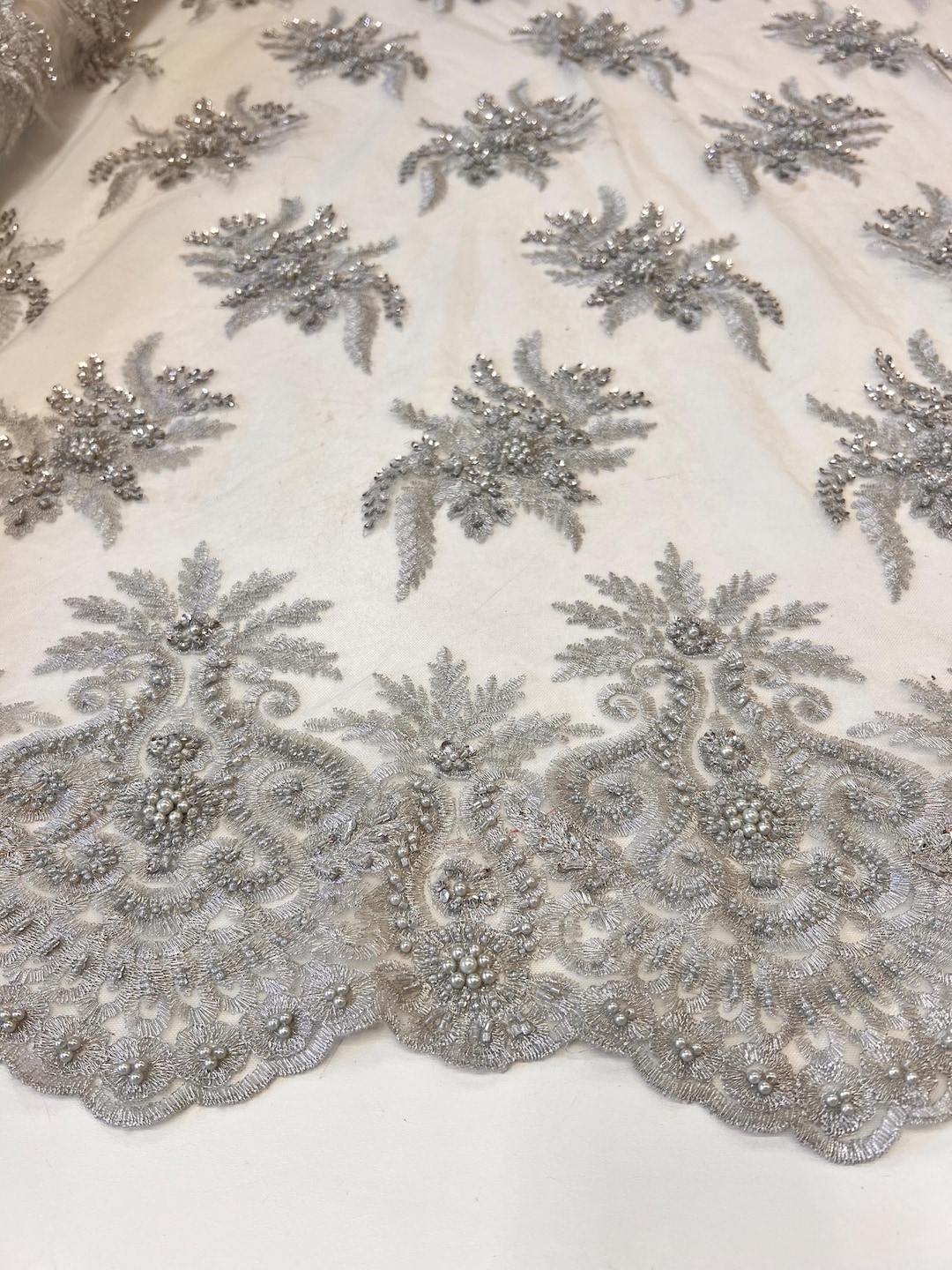 Hand Beaded Double Border Silver Embroidery Lace - Etsy