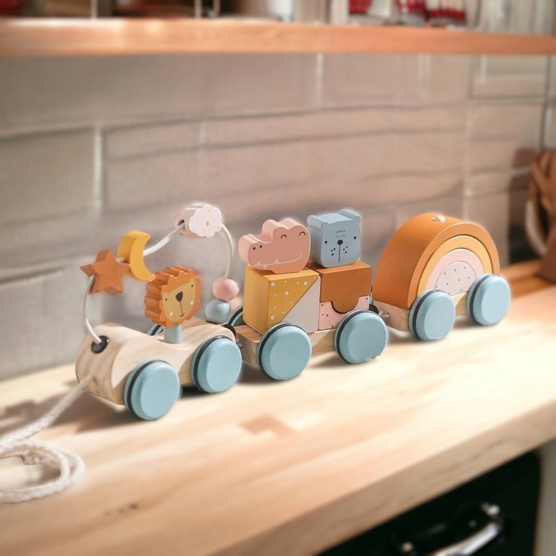 Montessori Baby Wooden Train Stacker Toy Set, Toddlers Wooden Train Set ...