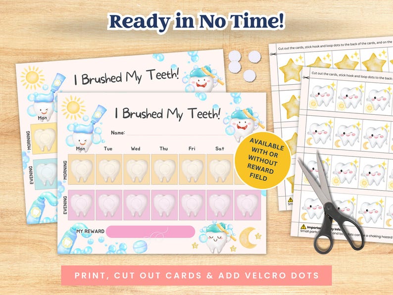 TEETH BRUSH CHART Printable Tooth Brushing Routine & Reward Chart Cards ...