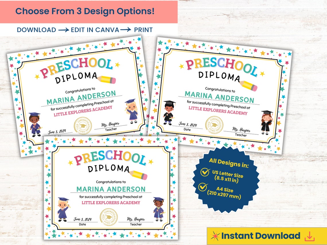 EDITABLE PRESCHOOL CERTIFICATE, Preschool Graduation Diploma, Last Day ...