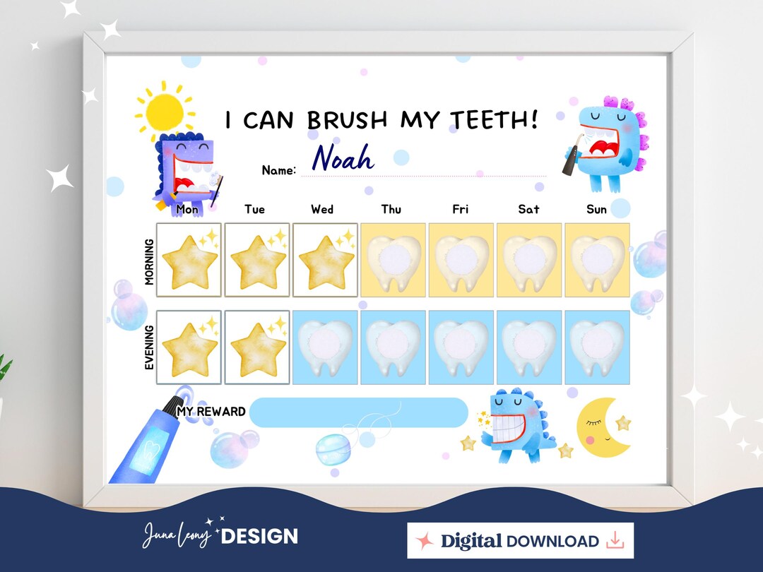 Dinosaur Tooth Care Habit Tracker Printable Star Reward Chart for Kids ...
