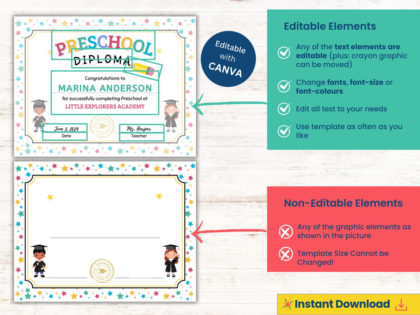 EDITABLE PRESCHOOL CERTIFICATE, Preschool Graduation Diploma, Last Day ...