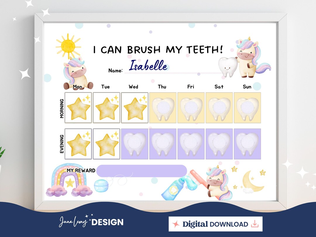 Teeth Brushing Unicorn Reward Chart Printable Star Habit Tracker for ...