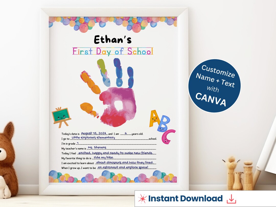 First Day of School Handprint Template With Interview - Editable Memory ...