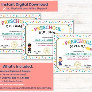 EDITABLE PRESCHOOL CERTIFICATE, Preschool Graduation Diploma, Last Day ...