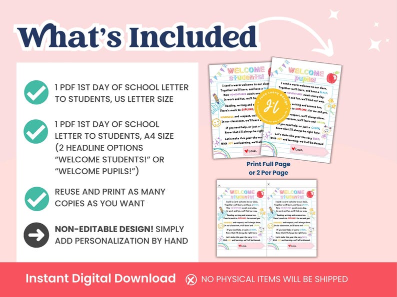 First Day of School Letter From Teacher, Printable Welcome Back to ...