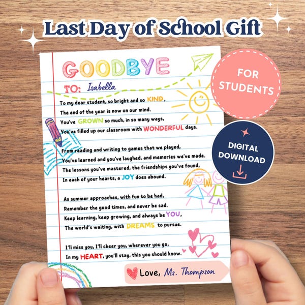 End of the Year Student Goodbye Letter Poem | Printable Teacher Handout ...