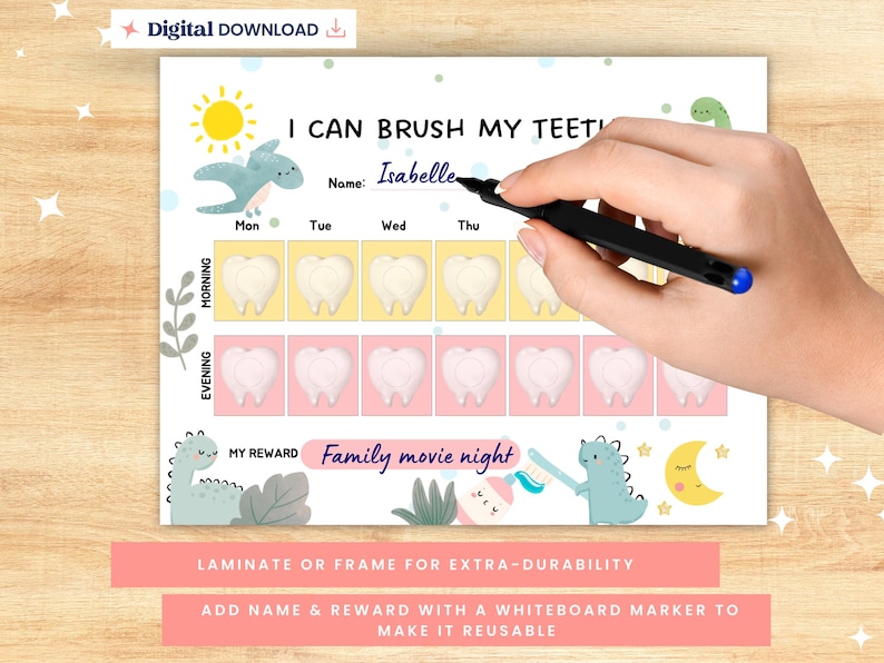 Dinosaur Teeth Brushing Rewards Chart Printable Star Habit Tracker for ...