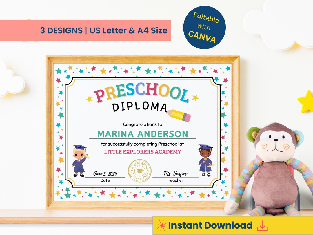EDITABLE PRESCHOOL CERTIFICATE, Preschool Graduation Diploma, Last Day ...