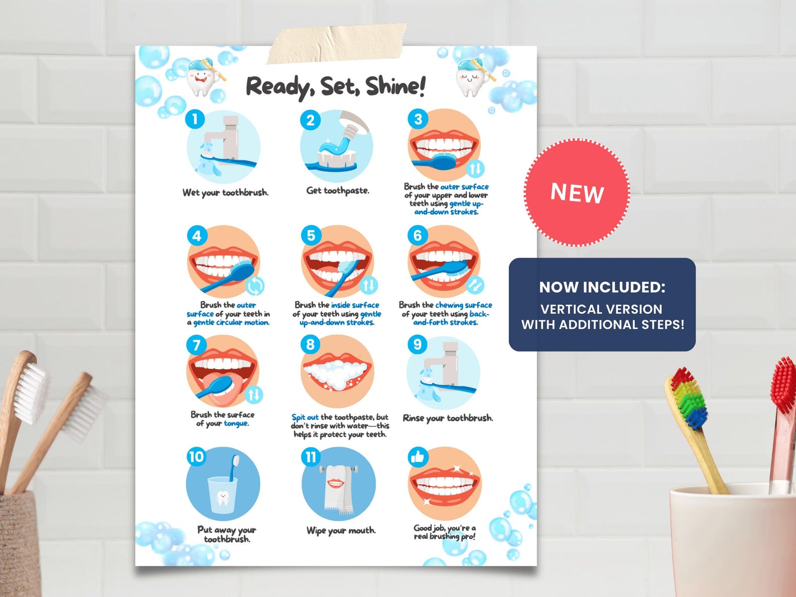 Teeth Brushing Learning Poster for Kids, Dental Hygiene Chart, Oral ...