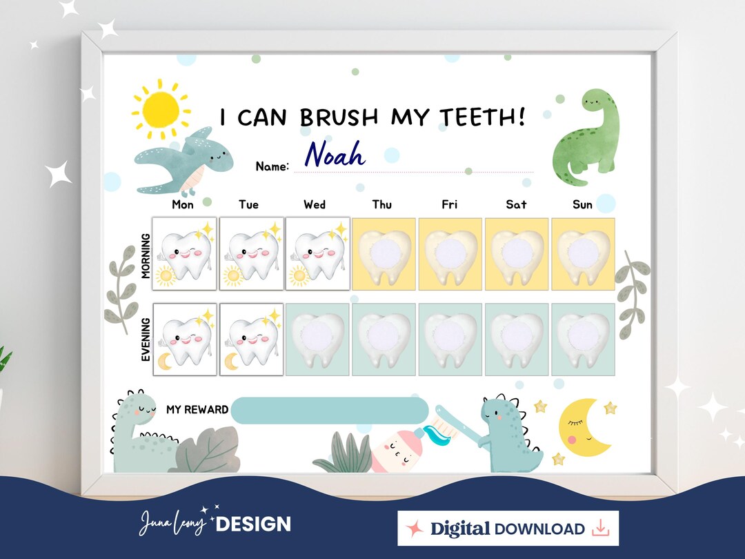 Dinosaur Teeth Brushing Rewards Chart Printable Star Habit Tracker for ...