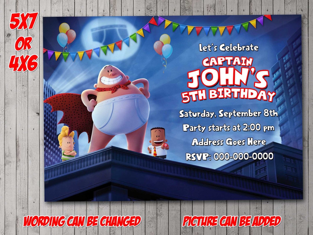 Captain Underpants Digital Party Invitation, Birthday, Thank You Card ...