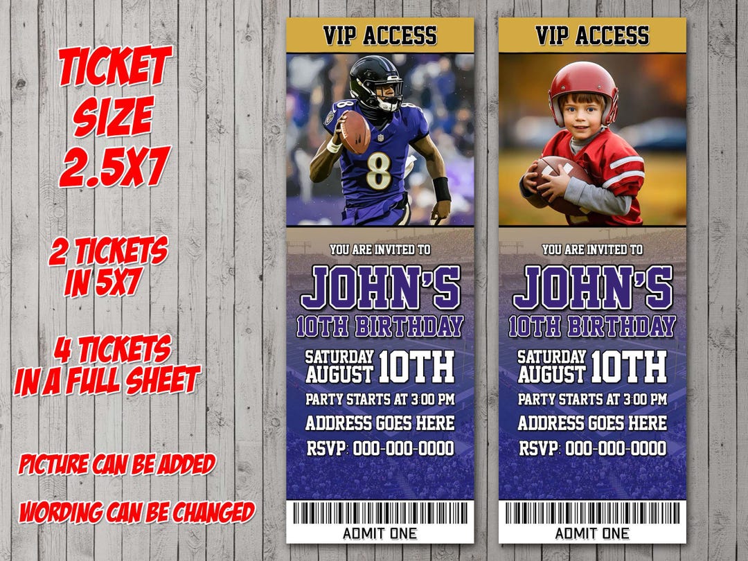 Ravens Inspired Ticket Digital Party Invitation, Birthday, Thank You ...