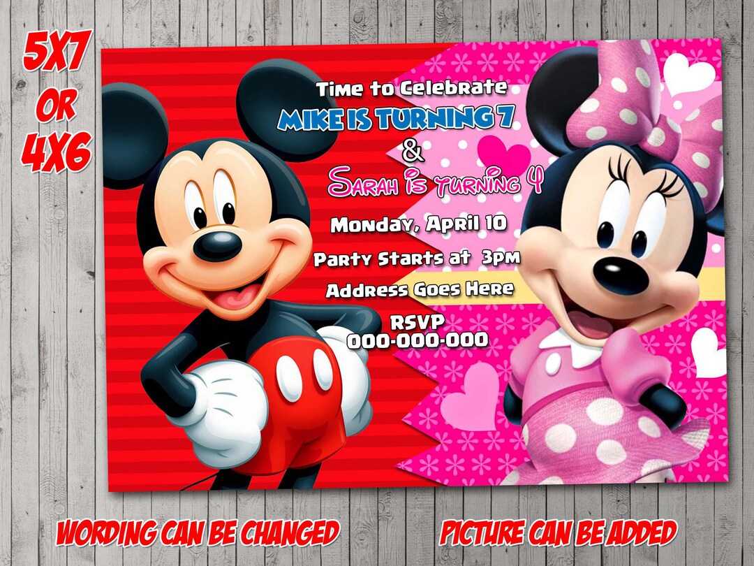 Mickey and Minnie Mouse Digital Party Invitation, Birthday, Thank You ...