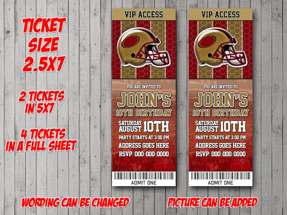 49ers Inspired Digital Ticket Party Invitation, Birthday, Thank You ...