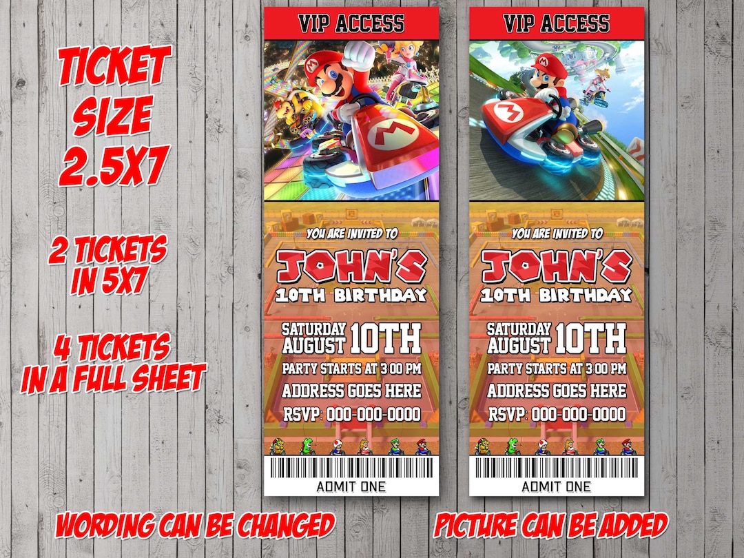 Mario Kart Inspired Ticket Digital Party Invitation, Birthday, Thank ...