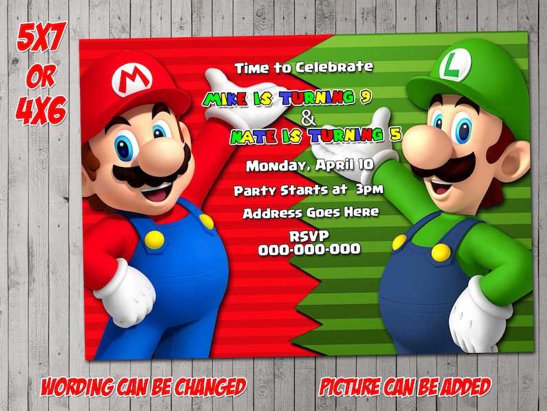 Mario and Luigi Digital Party Invitation, Birthday, Thank You Card ...