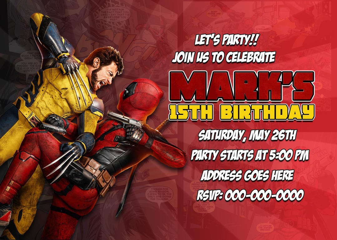 Deadpool Wolverine Digital Party Invitation, Birthday, Thank You Card ...