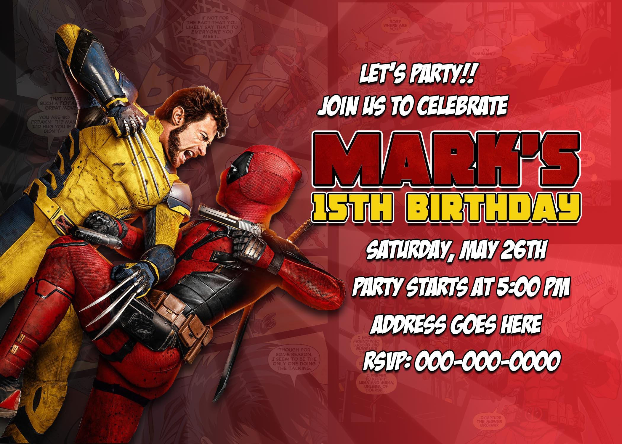 Deadpool Wolverine Digital Party Invitation, Birthday, Thank You Card ...