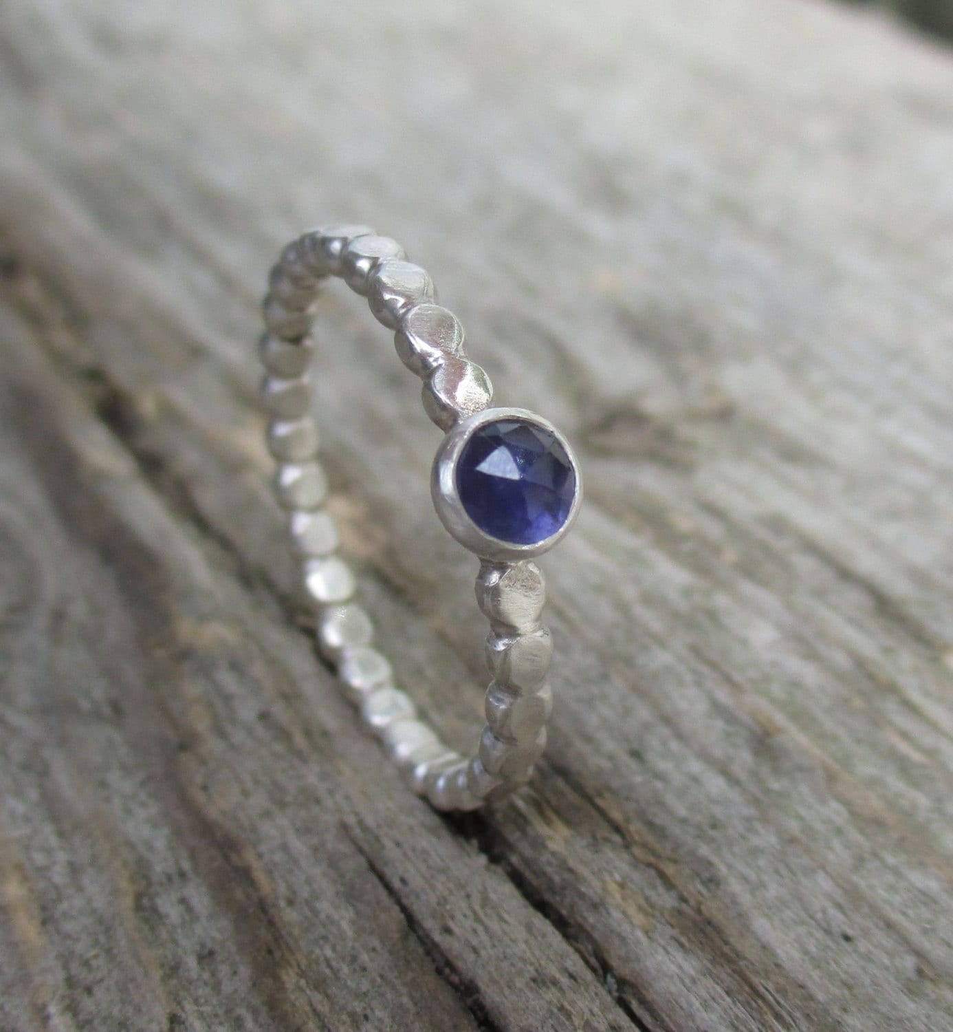 Rose Cut Iolite Gemstone Ring. Sterling and Fine Silver. Dotted Band ...