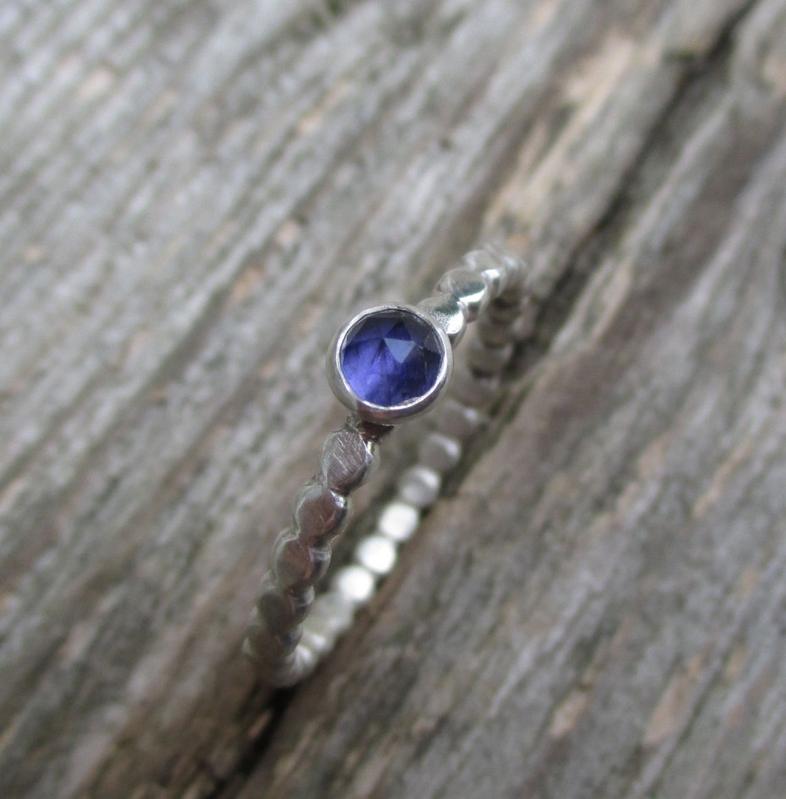 Rose Cut Iolite Gemstone Ring. Sterling and Fine Silver. Dotted Band ...